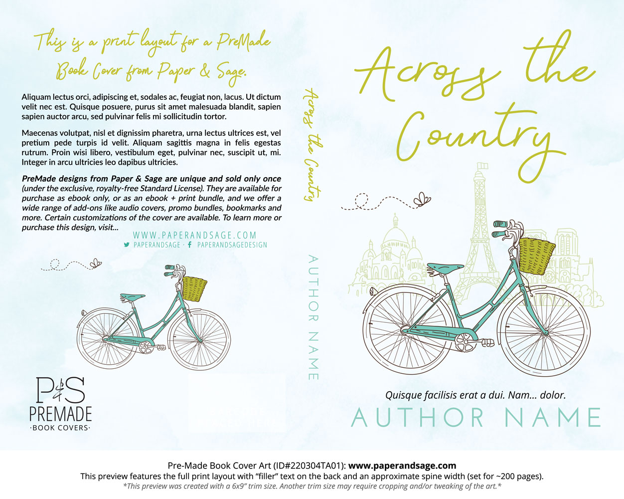 PreMade Book Cover ID#220304TA01 (Across the Country) – Paper and Sage